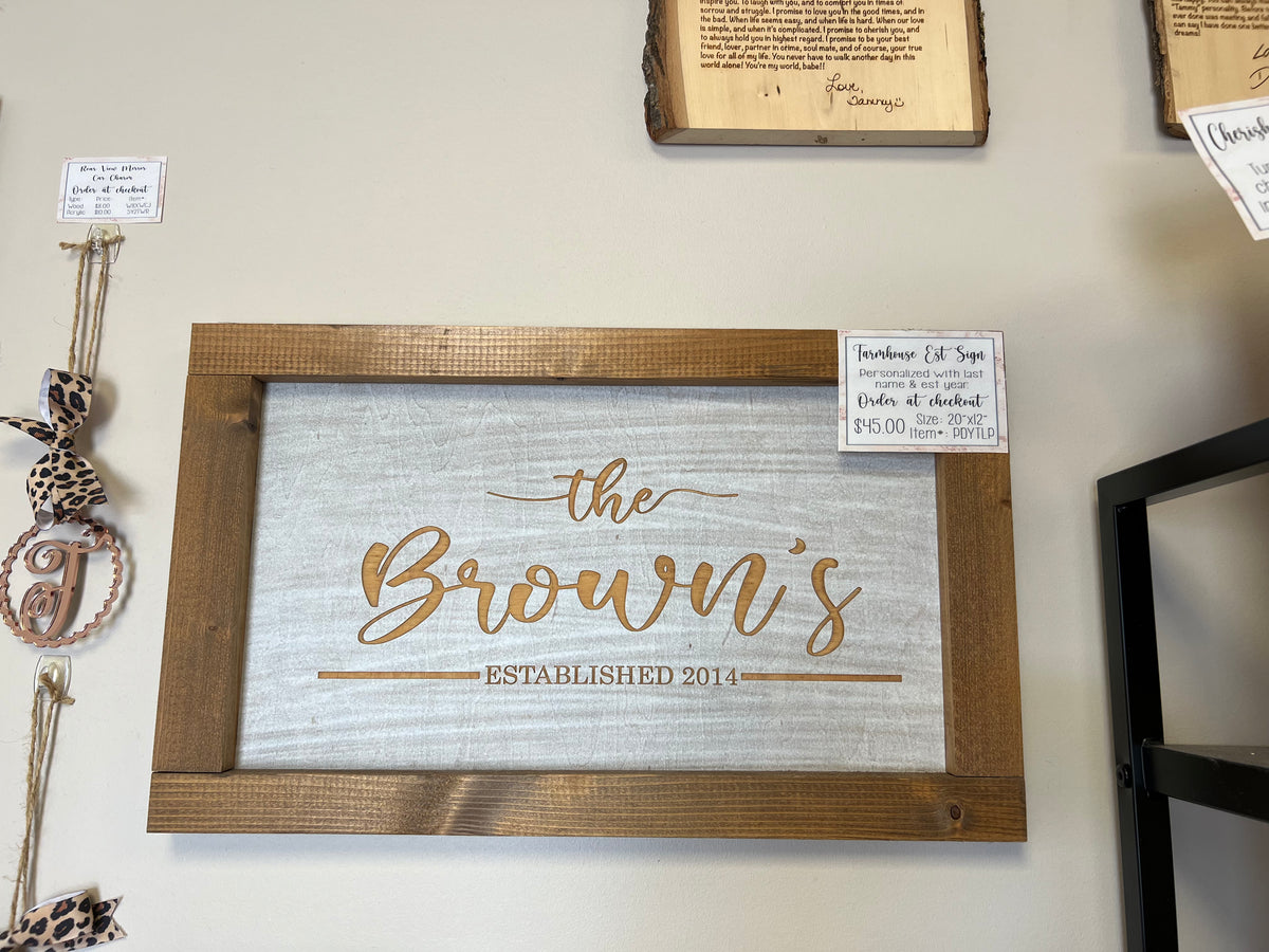 Farmhouse Established Sign, 12" x 20"; Last Name and Established Year ...